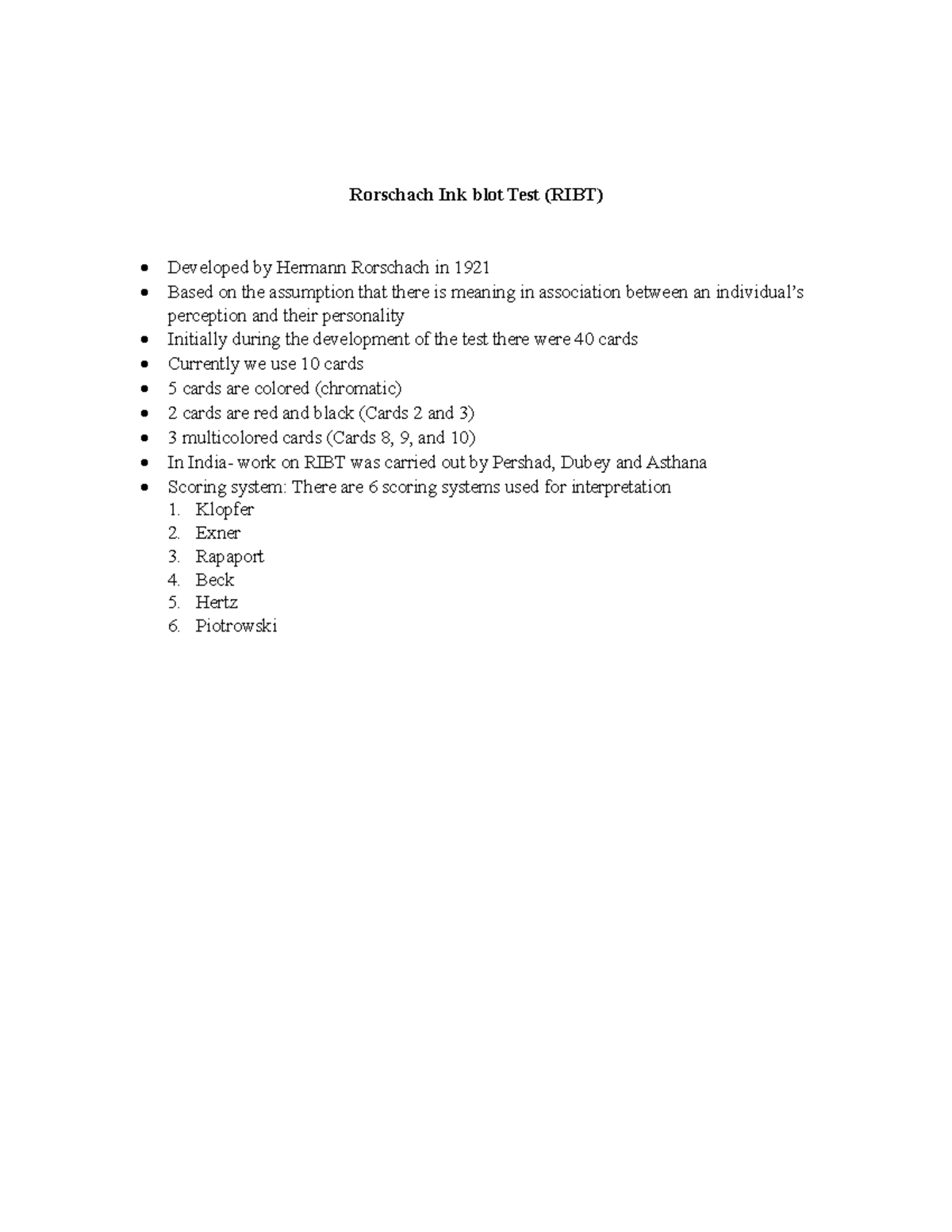 RIBT Notes - Rorschach Ink blot Test (RIBT) Developed by Hermann ...