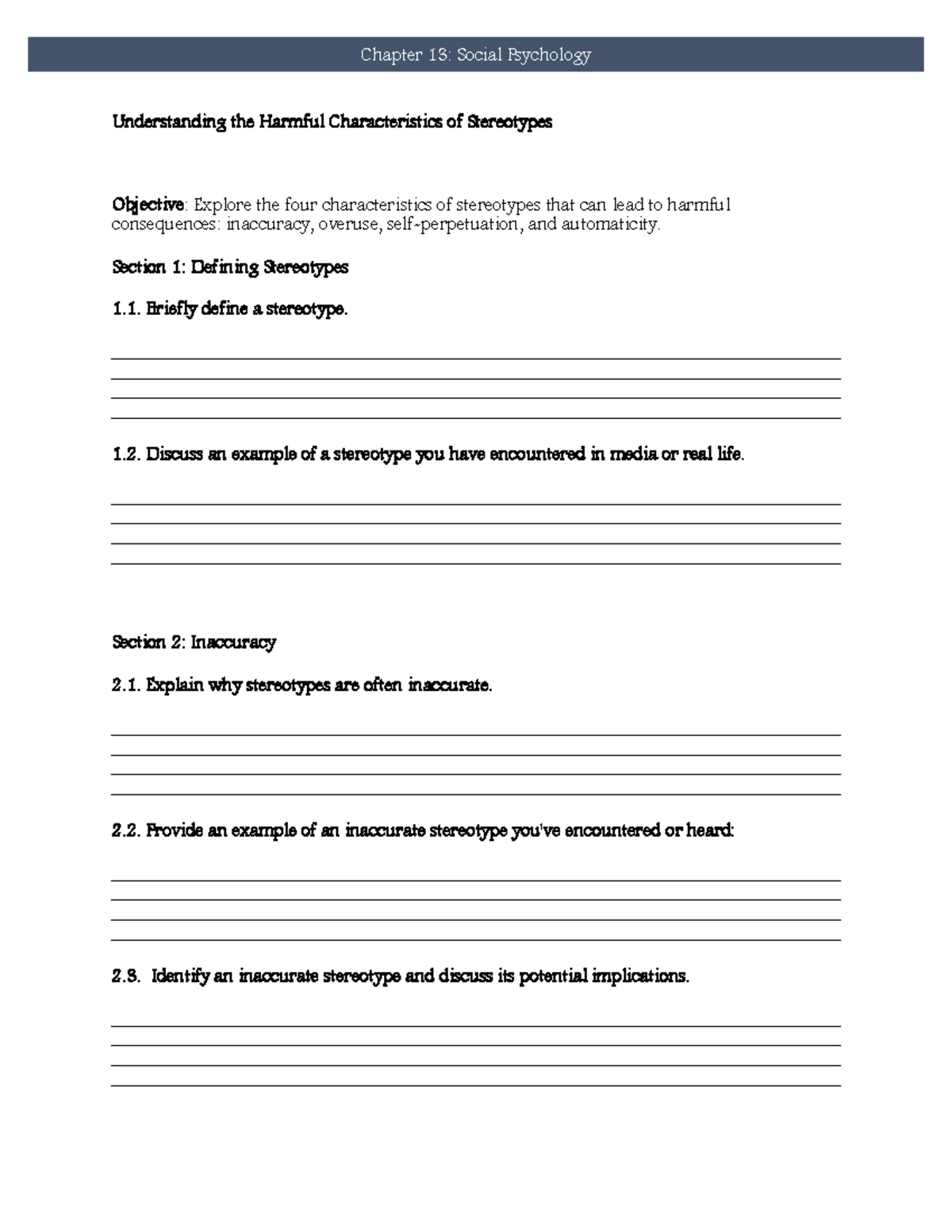 Worksheet - Chapter 13 - Stereotypes - Chapter 13: Social Psychology ...