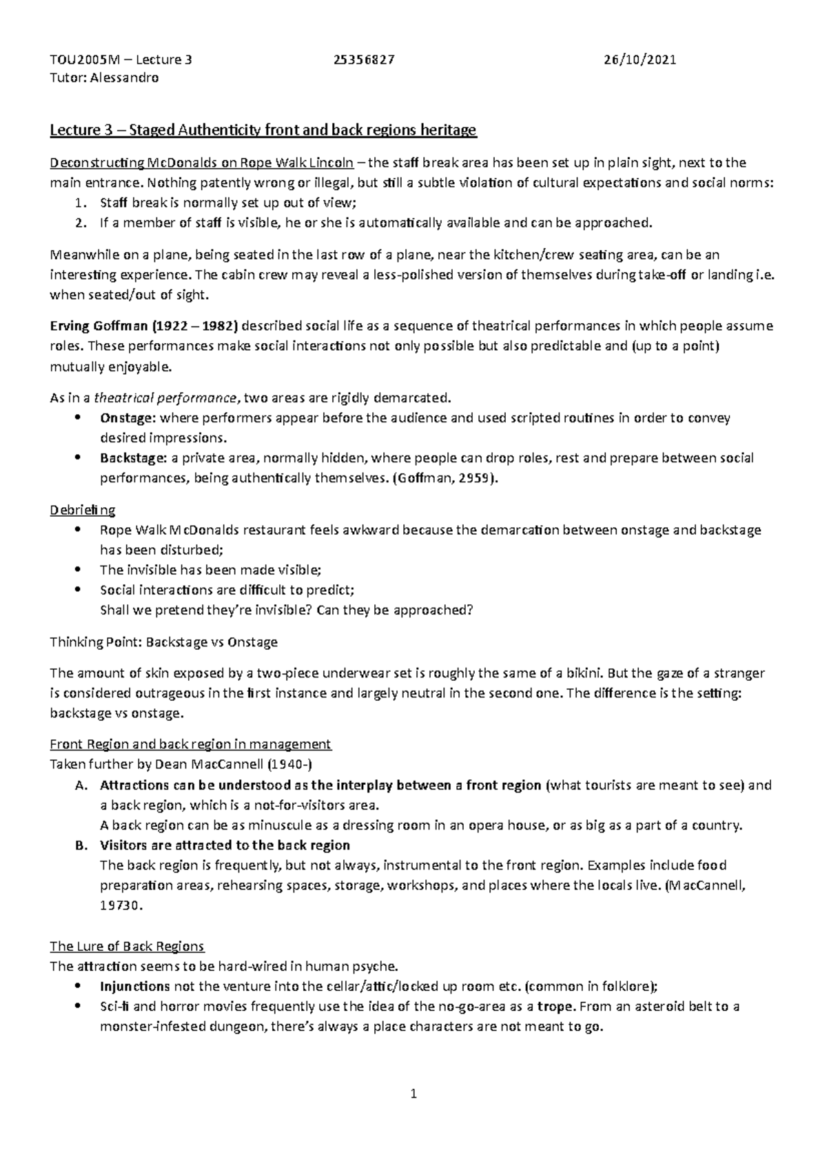 Lecture 3 - staged authenticity front and back regions heritage - Tutor ...