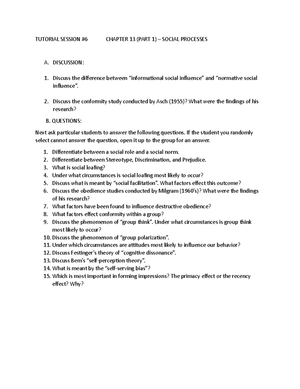 Psych 1003 - Tutorial Session 6 (2021/2022) - TUTORIAL SESSION #6 CHAPTER 13 (PART 1) – SOCIAL ...