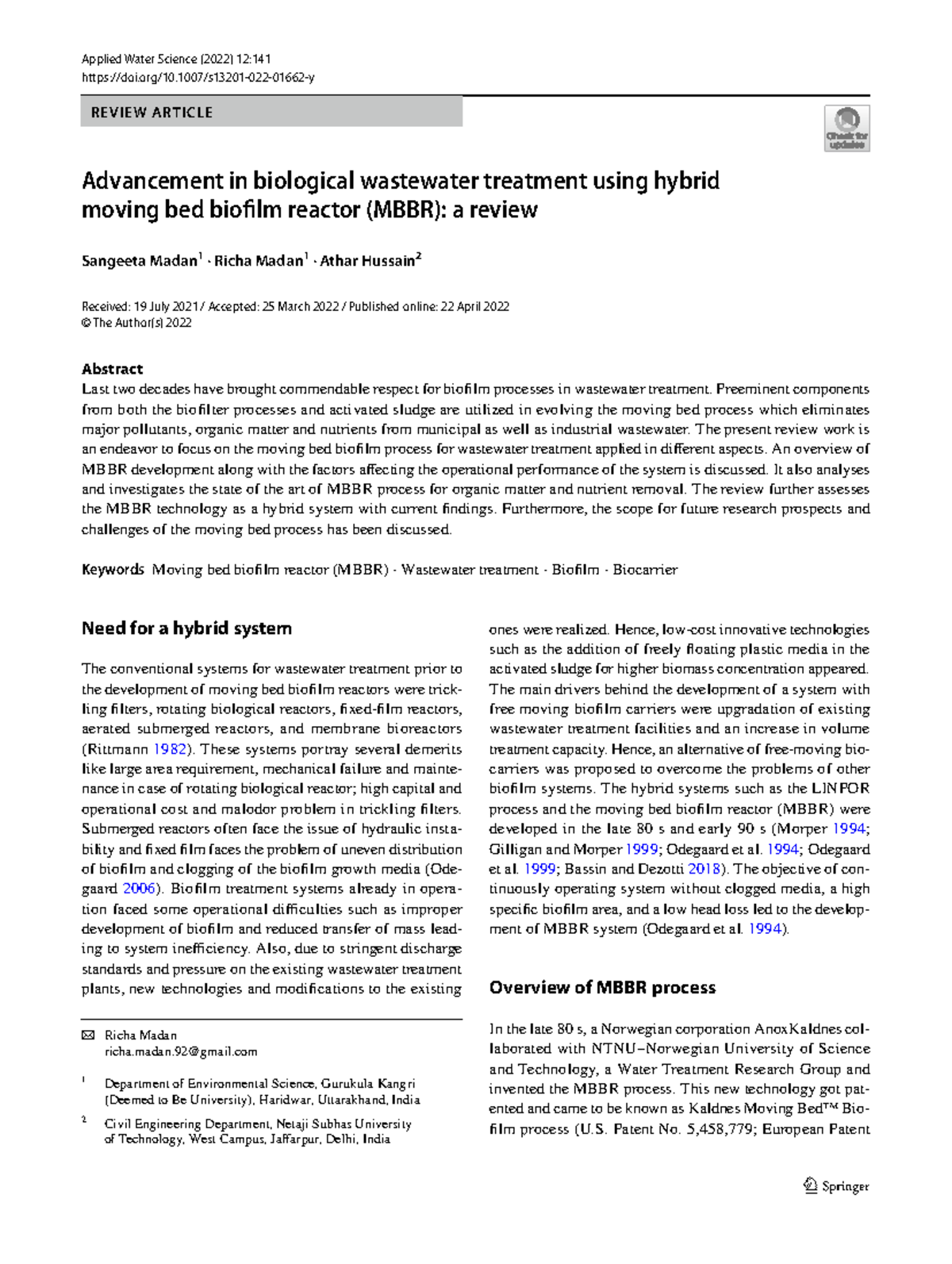 Estudio MBBR y nitrificación - Vol.:(0123456789)1 3 Applied Water ...
