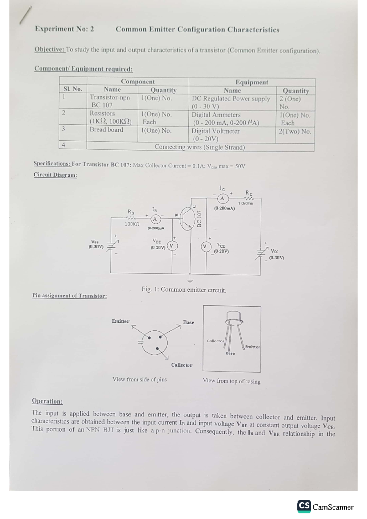 Common Emitter Configuration Characteristics - Electrical engineering - CamScanner CamScanner ...