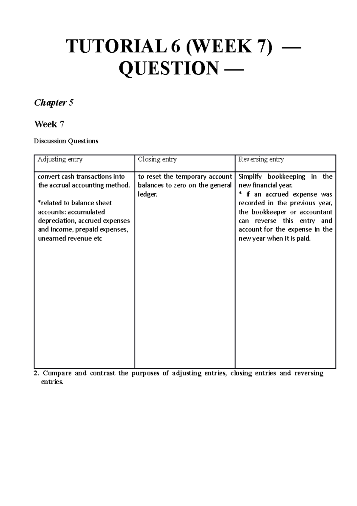 ACC Tutorial 6 (Week 7) Question - TUTORIAL 6 (WEEK 7) — QUESTION — Chapter 5 Week 7 Discussion ...