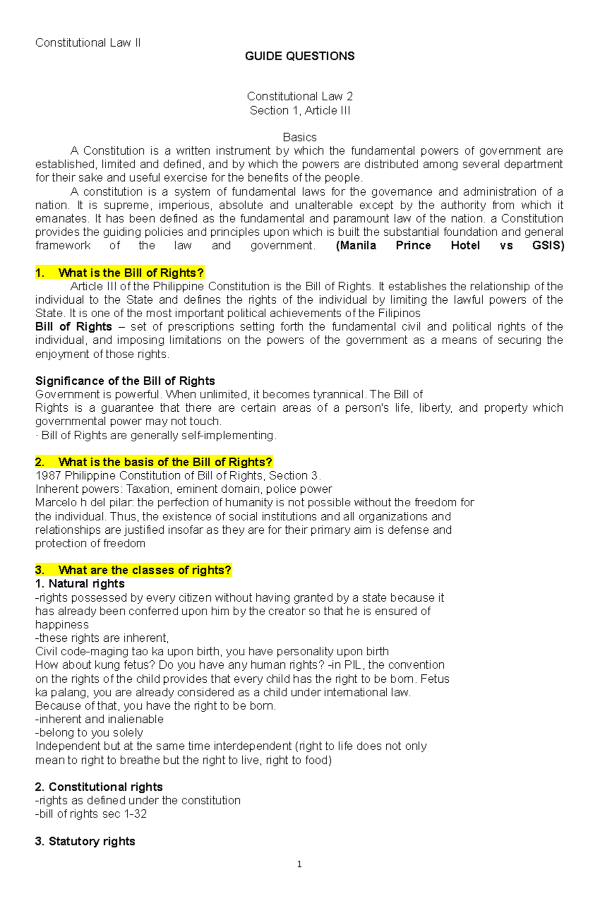 Basic Bill of Rights - Notes - Constitutional Law II GUIDE QUESTIONS ...