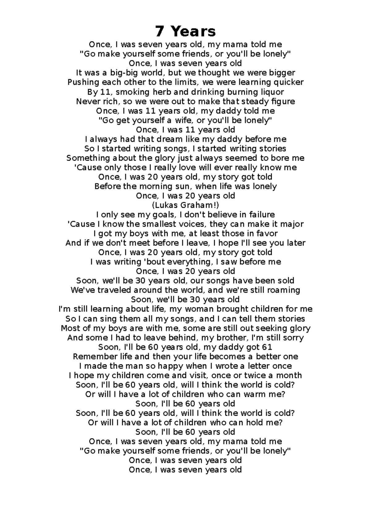 7 Years - 7 Years Once, I was seven years old, my mama told me "Go make ...
