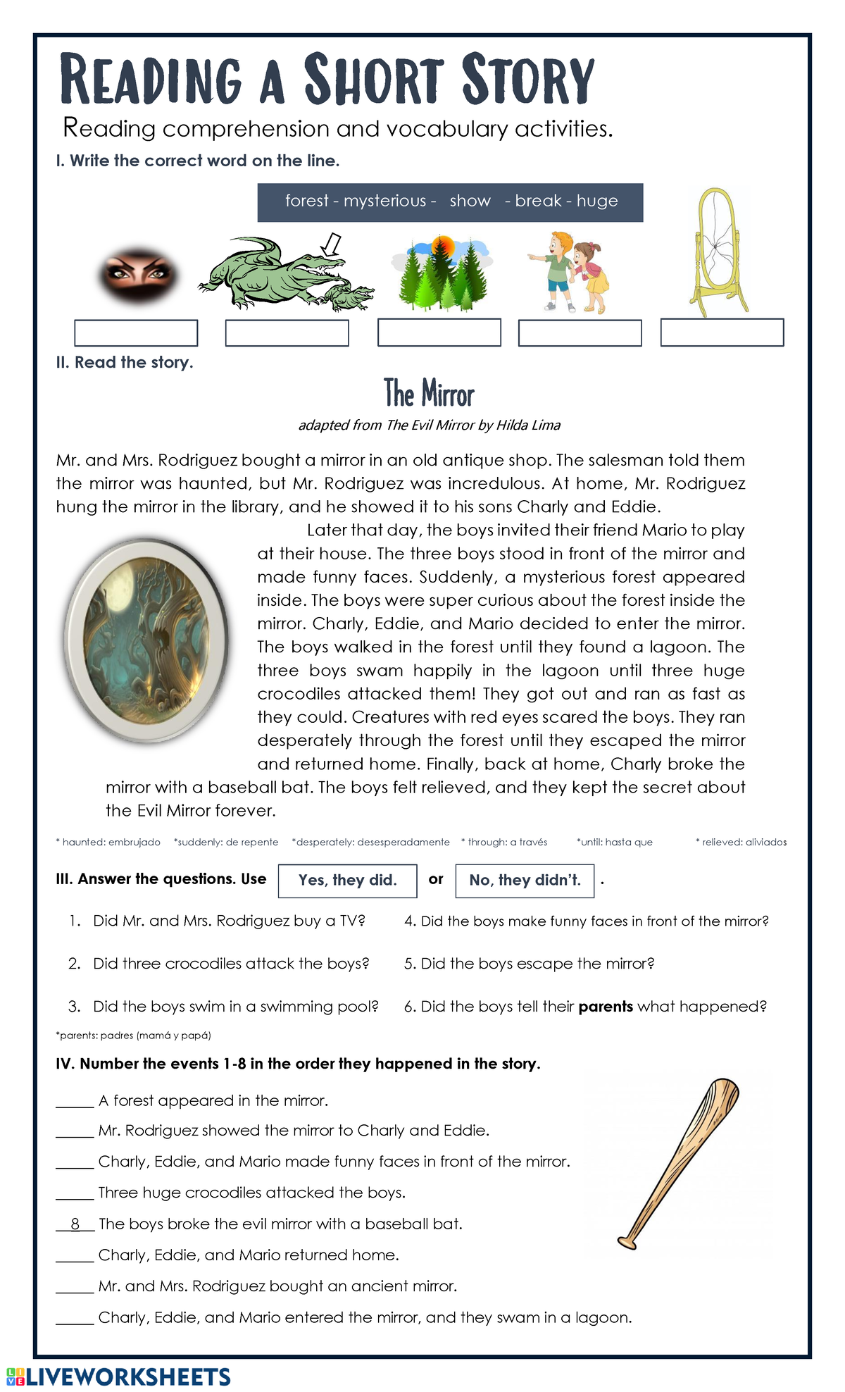Liveworksheet 3 - SIN DESCRIPCION - Reading a Short Story I. Write the ...