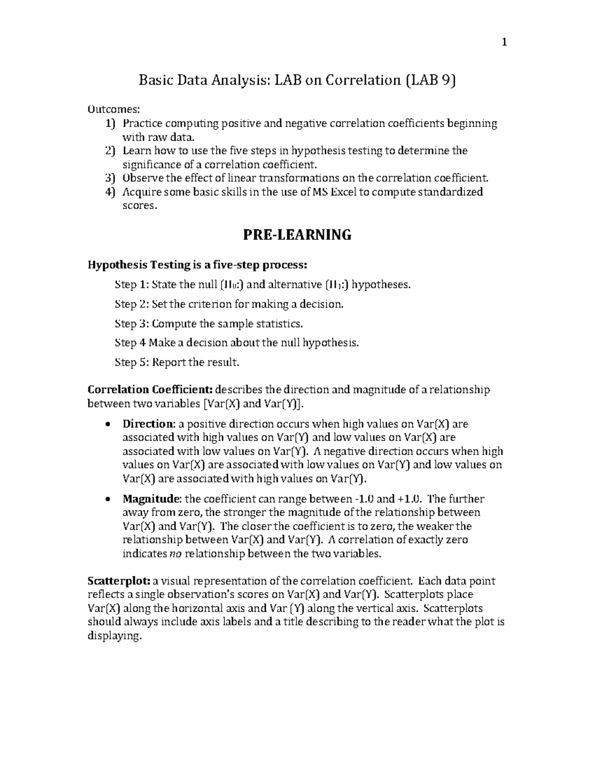 LAB9Handout - ads - Basic Data Analysis: LAB on Correlation (LAB 9) Outcomes: 1) Practice ...