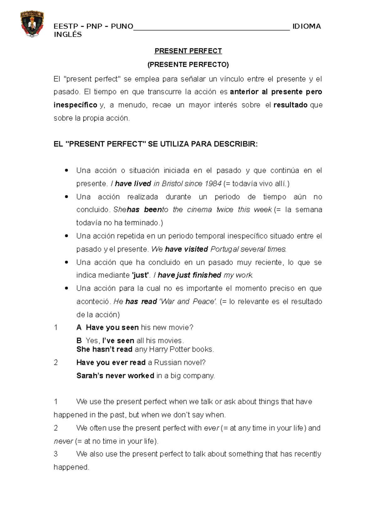 Present Perfect segundo examen a tomar para medir aprendizaje - INGLÉS ...