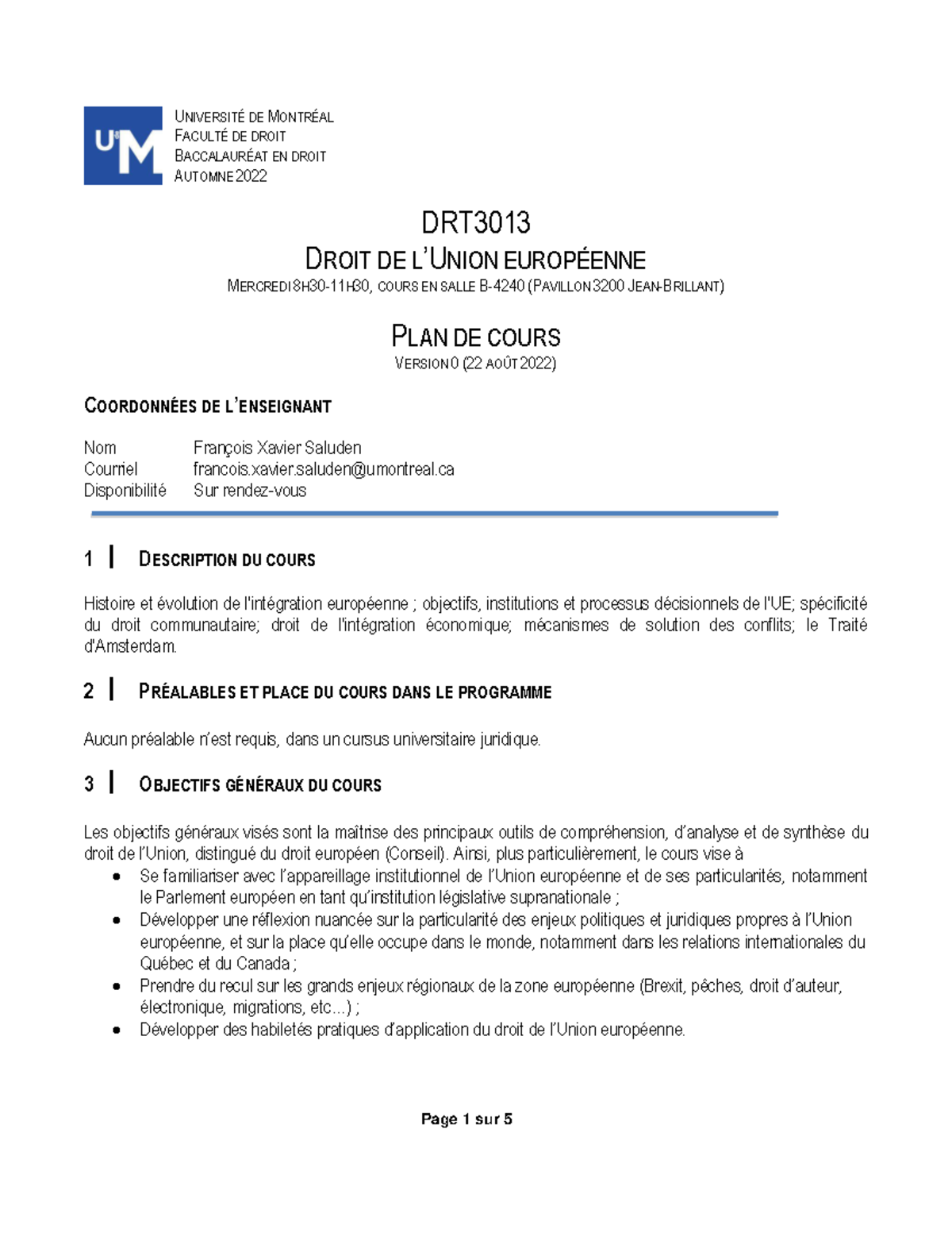 Drt3013 22 3 Plan V0 Universit De Montr Facult De Droit Baccalaur En Droit Automne