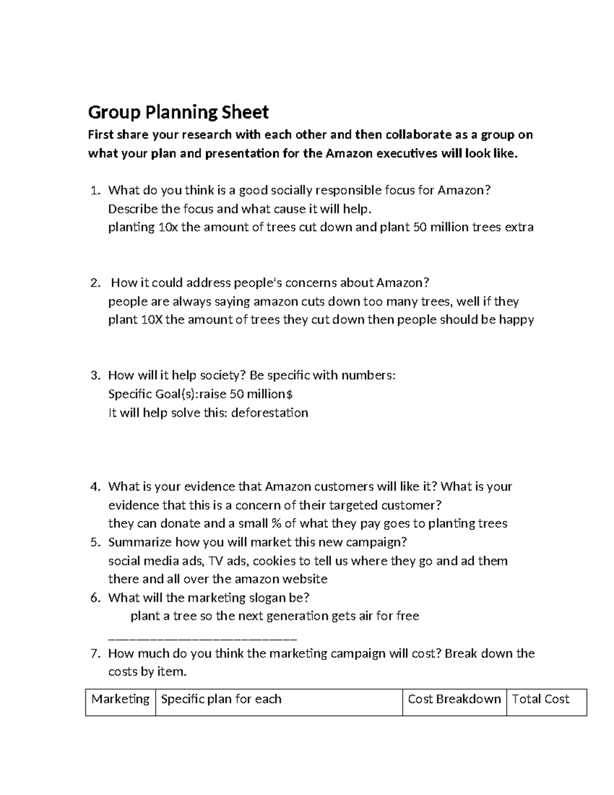 Copy of Amazon Marketing Research Sheets, Group Planning, Rubric ...
