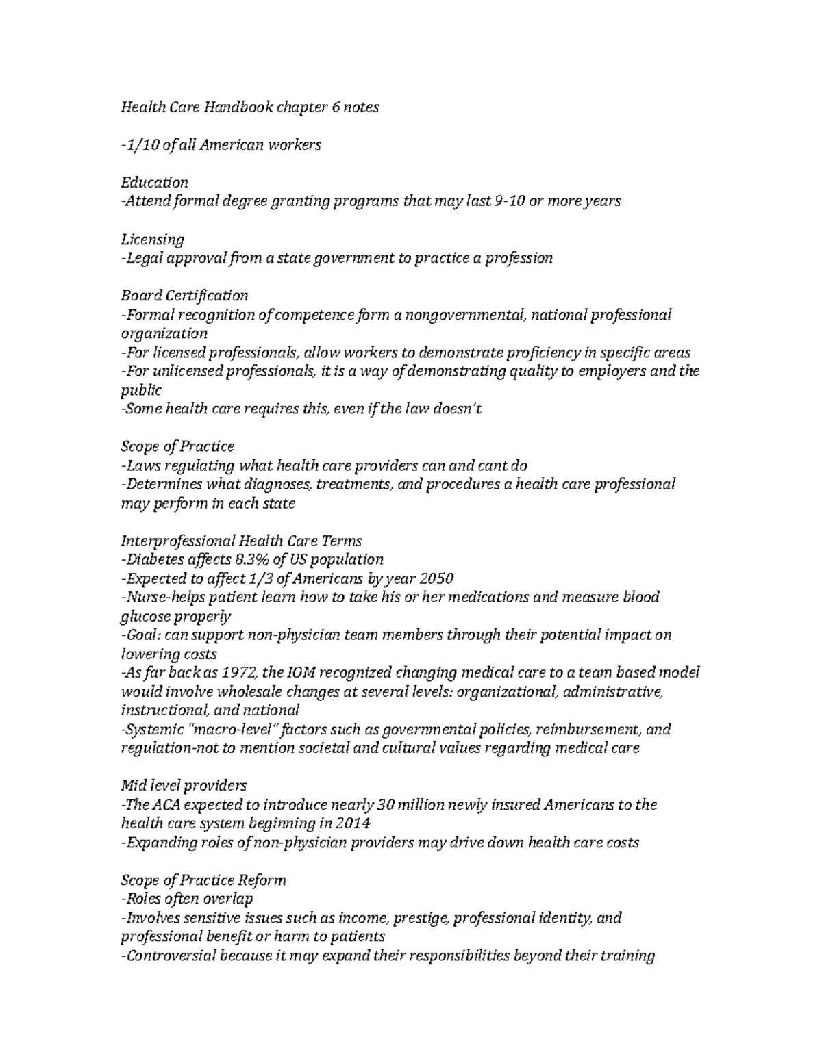 Health care handbook CH6 notes - Health Care Handbook chapter 6 notes ...