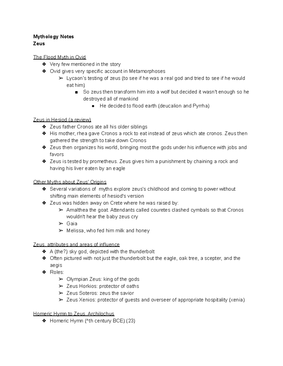 Mythology Notes - Professor: Sydnor Roy - Mythology Notes Zeus The ...