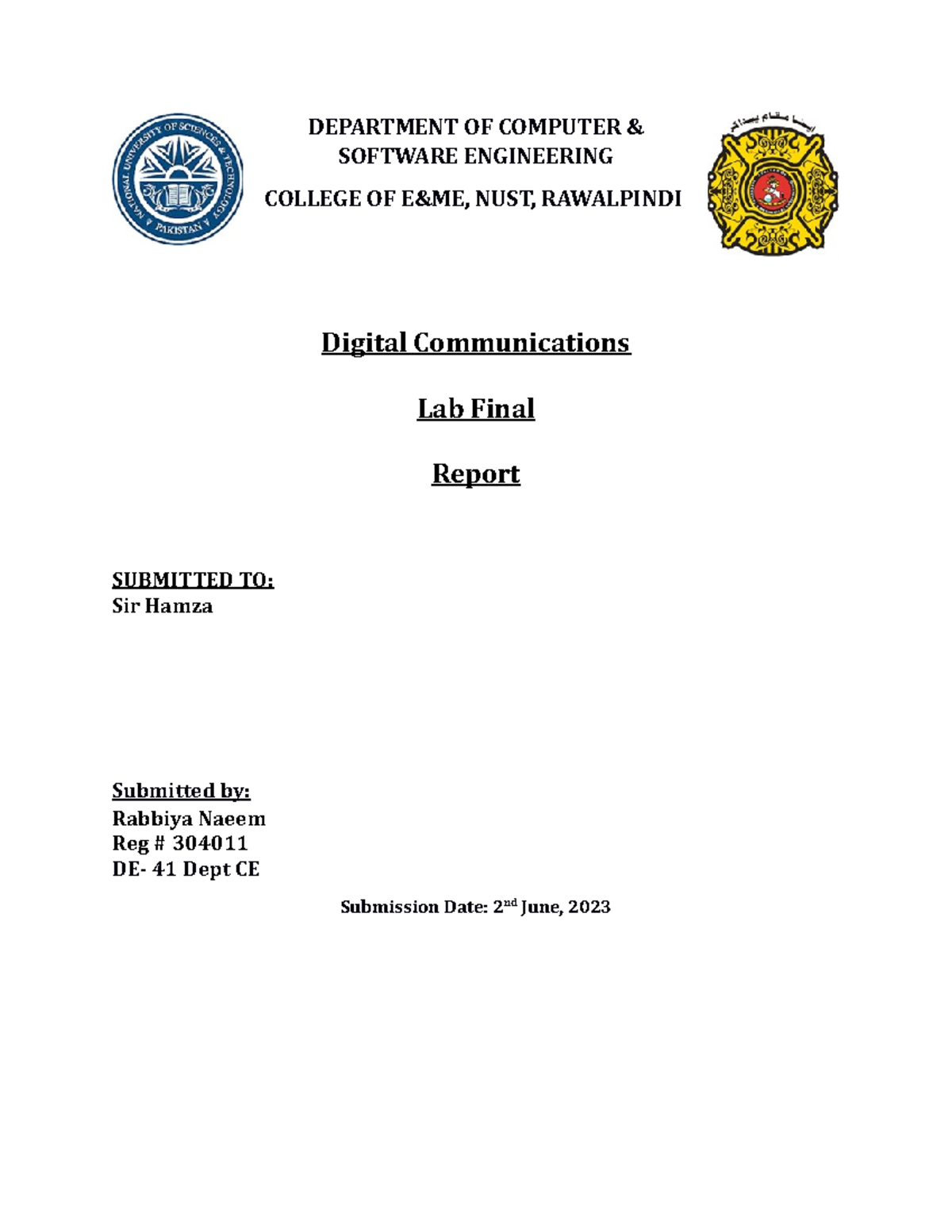 DC Lab Final - Lab work - DEPARTMENT OF COMPUTER & SOFTWARE ENGINEERING COLLEGE OF E&ME, - Studocu