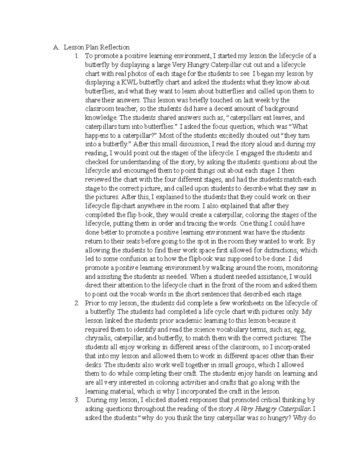 PCE Lesson Plan Reflection-task 2 - A. Lesson Plan Reflection 1. To promote a positive learning ...