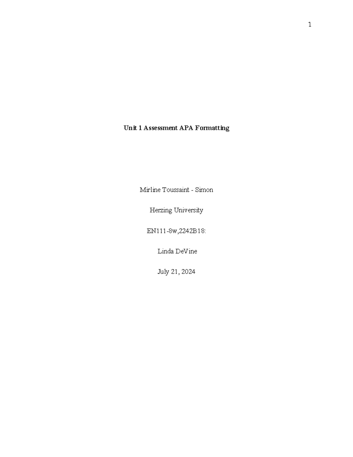 Document 1 EN111 2 - EN 111 - 1 Unit 1 Assessment APA Formatting Mirline Toussaint - Simon ...