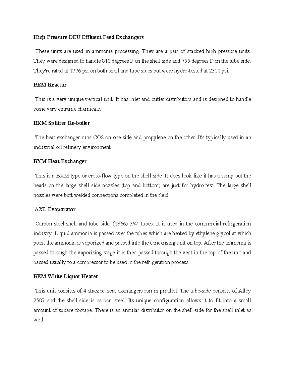 Tema type HE - important summary - High Pressure DEU Effluent Feed ...