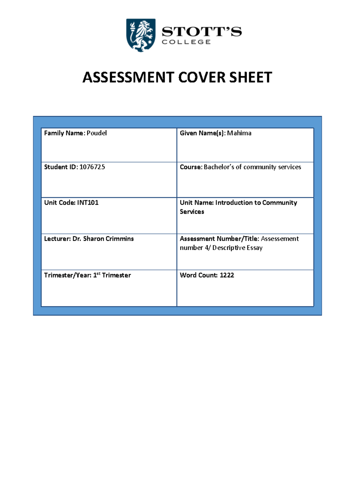 INT101 Essay - ASSESSMENT COVER SHEET Family Name: Poudel Given Name(s ...