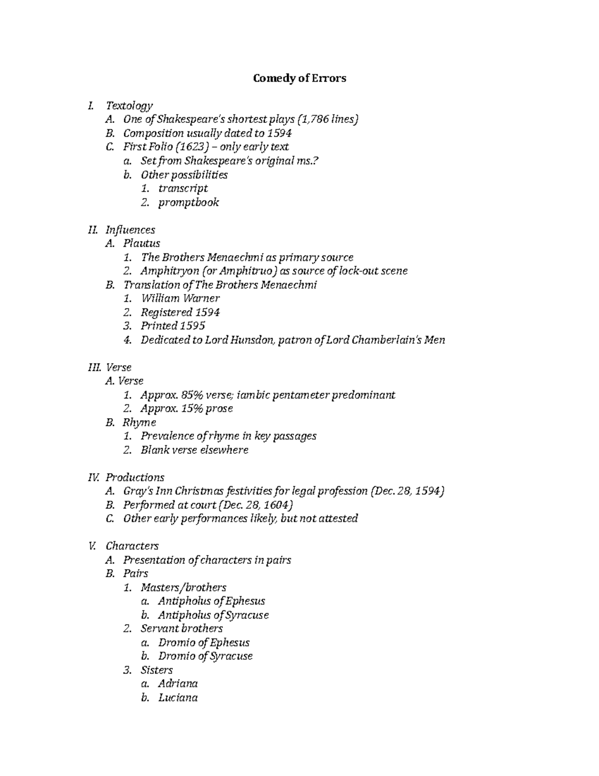Comedy of Errors - dfsaf - Comedy of Errors I. Textology A. One of ...