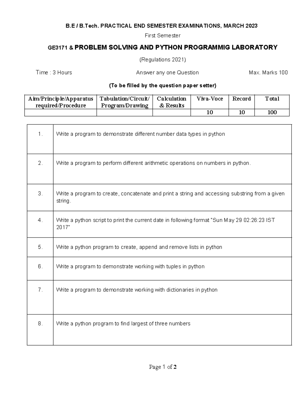 Python Programming B B Practical End Semester Examinations March 2023 First Semester 