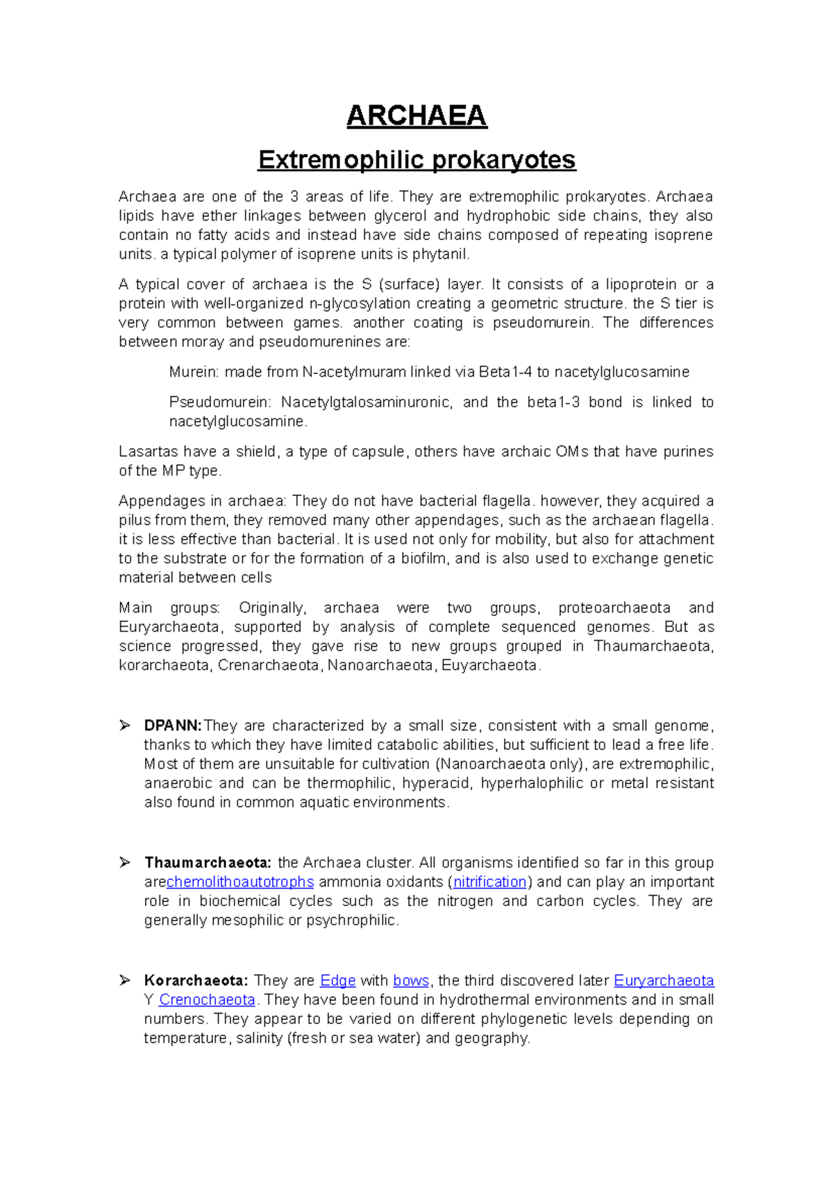 Unit 1 - Lecture notes 1 - ARCHAEA Extremophilic prokaryotes Archaea ...