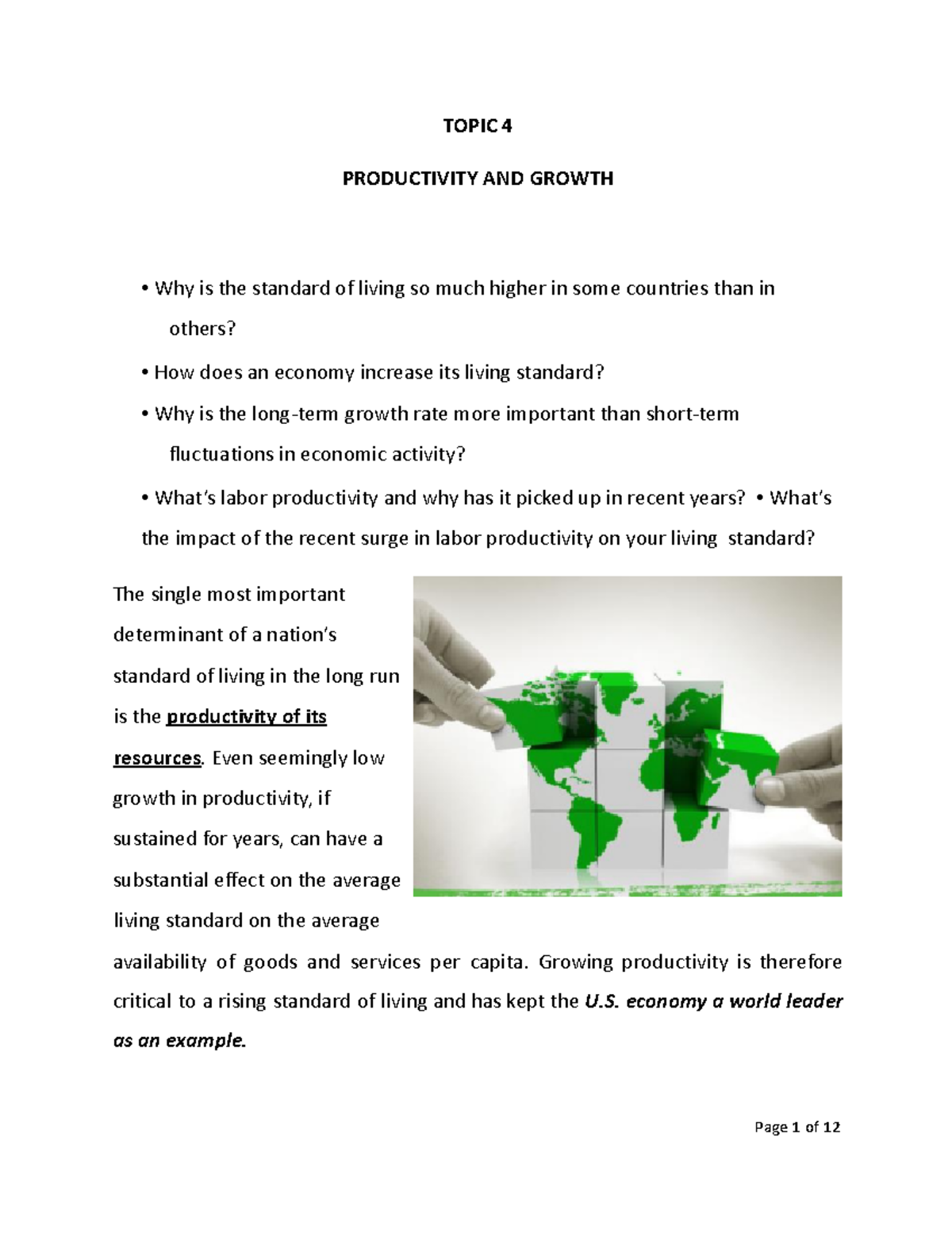 Topic 4 Economic Development - TOPIC 4 PRODUCTIVITY AND GROWTH Why is ...