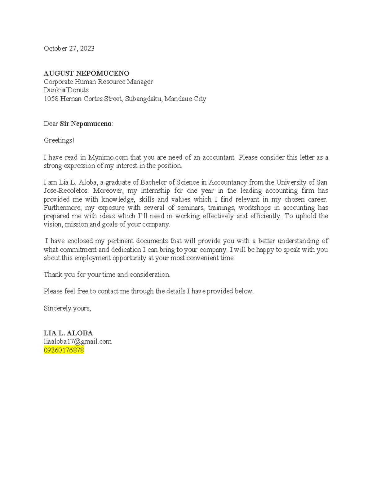 Sample format Application Letter - October 27, 2023 AUGUST NEPOMUCENO ...
