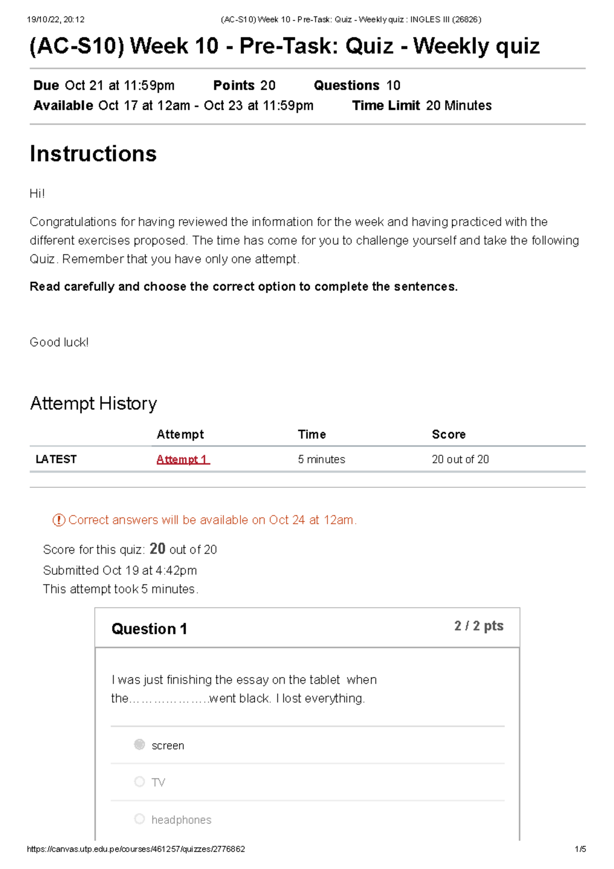 (AC-S10) Week 10 -ingles 3 - (AC-S10) Week 10 - Pre-Task: Quiz - Weekly ...