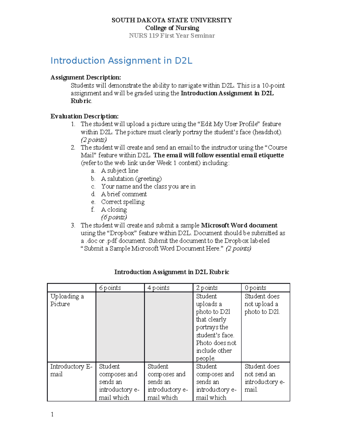 Due Week 3 NURS 119 Introduction Assignment in D2L - SOUTH DAKOTA STATE ...