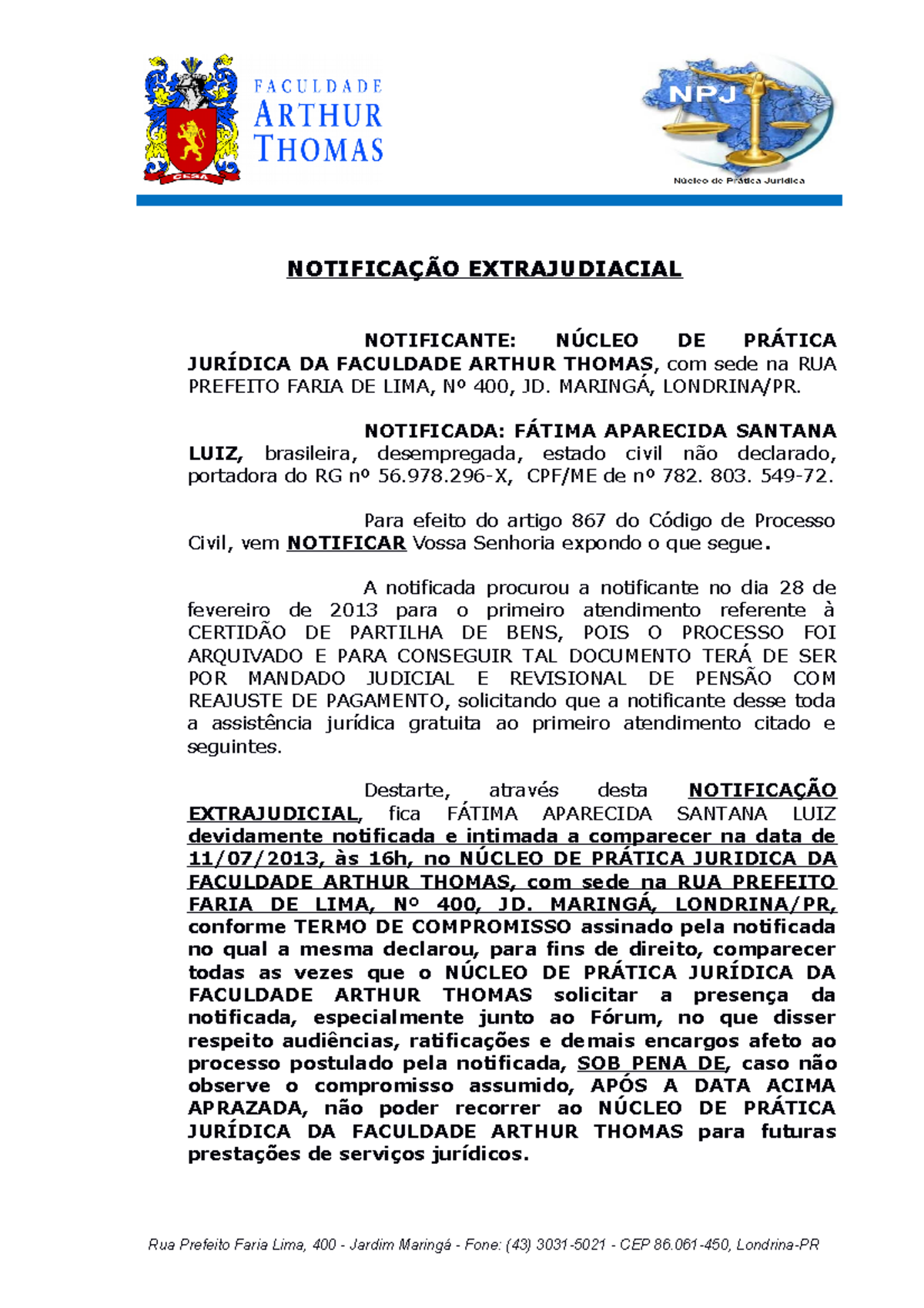 2. Modelo DE Notificação Extrajudiacial - Núcleo de Prática Jurídica da ...