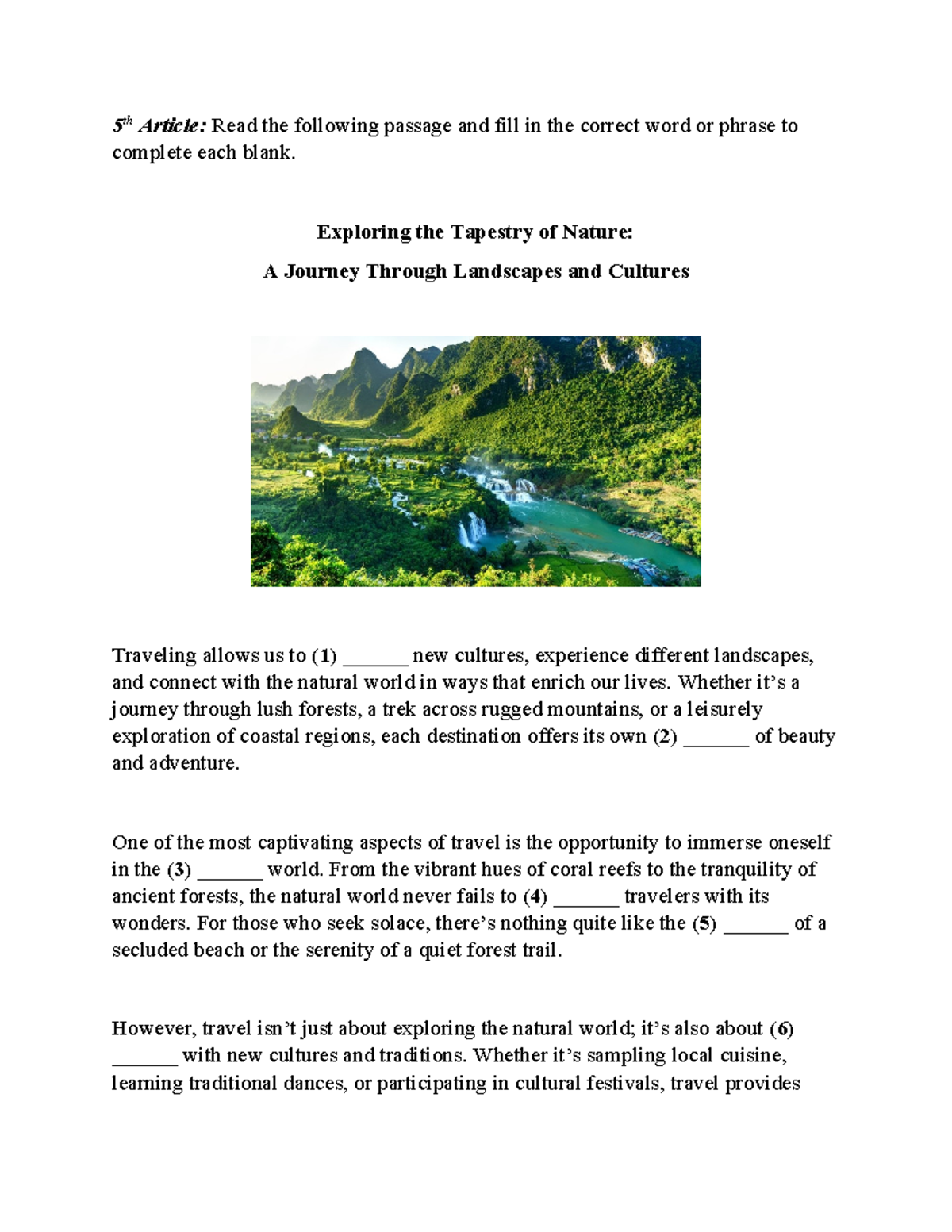 5th - Tanh - 5 th Article: Read the following passage and fill in the ...