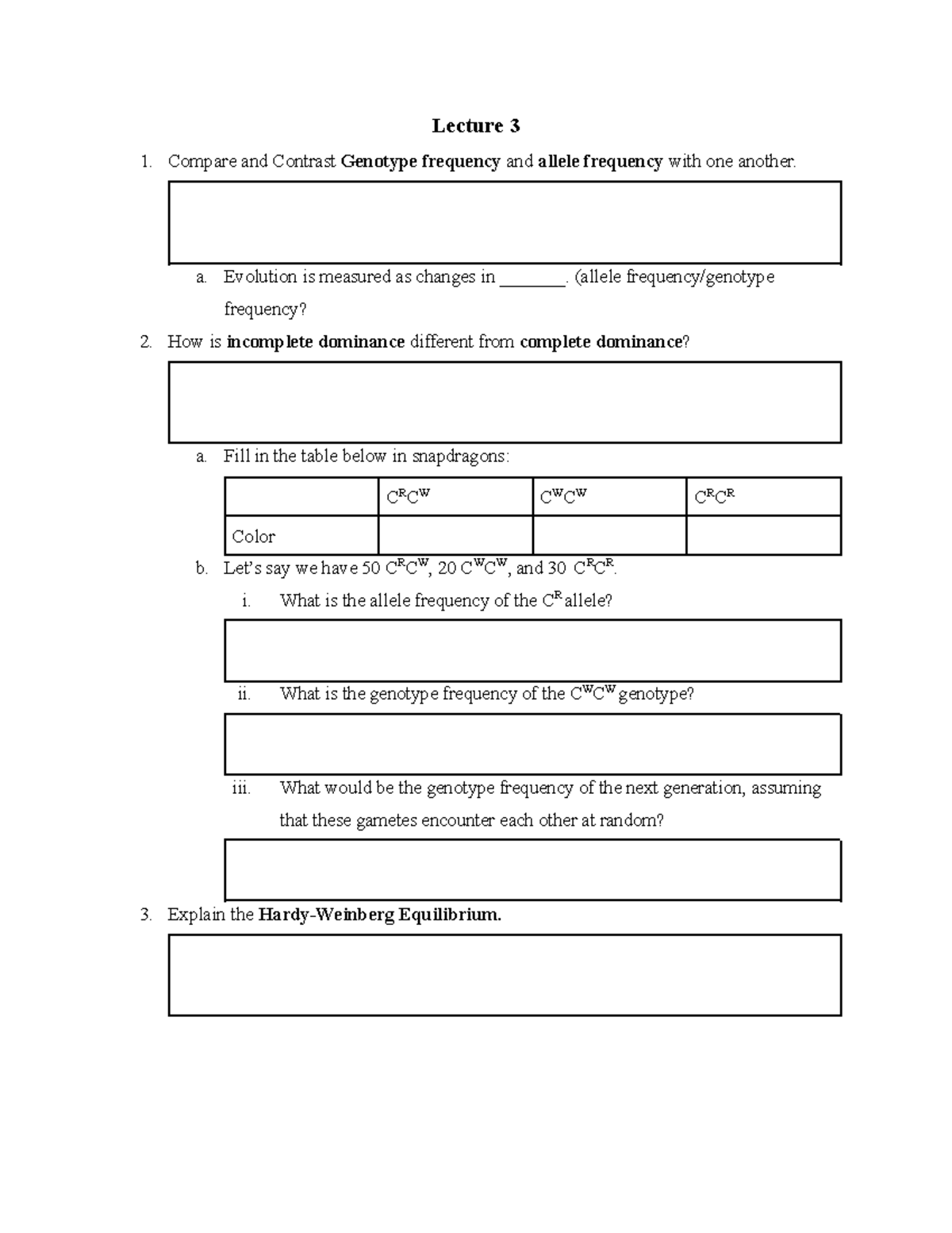 BIOA01 Lecture 3 Worksheet - Lecture 3 Compare and Contrast Genotype ...