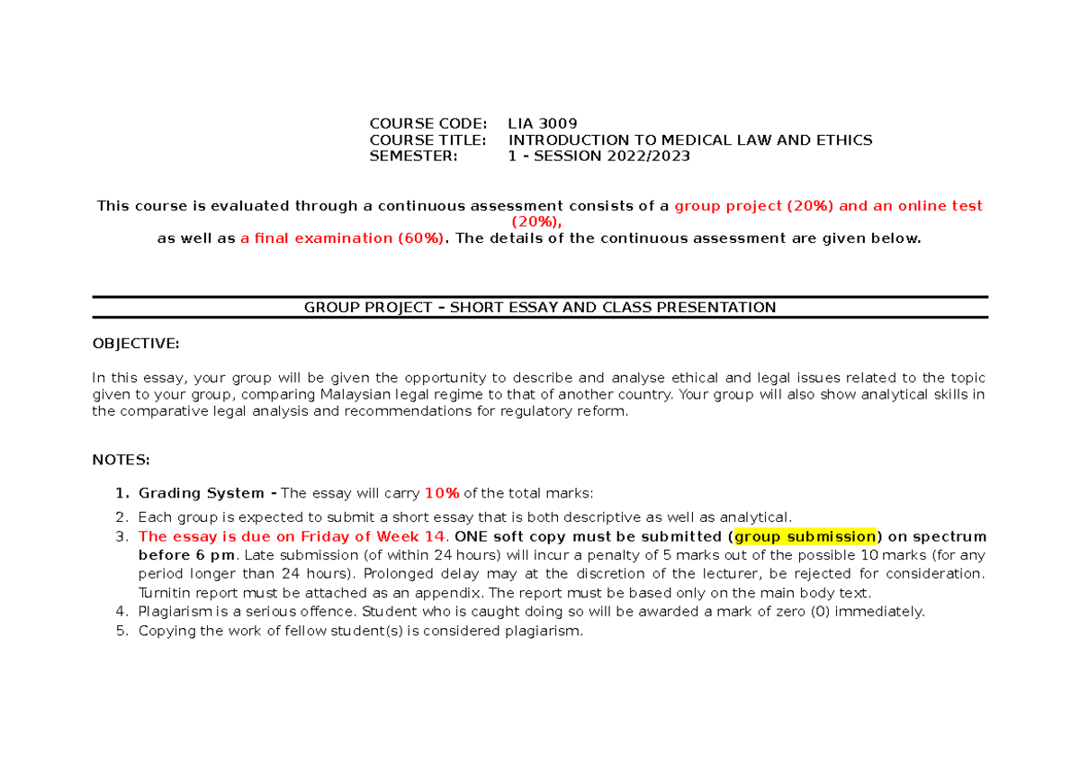 LIA 3009 Assessment information sheet 2022 2023 - COURSE CODE: LIA 3009 ...