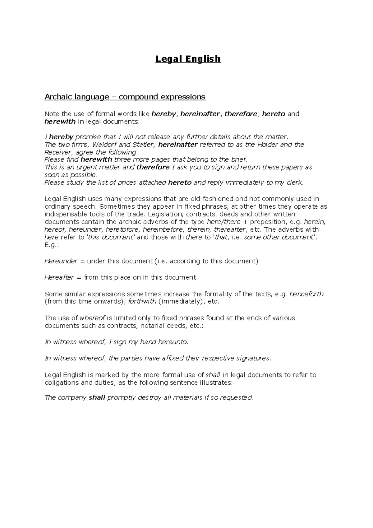 Legal English - skjkd - Legal English Archaic language – compound ...