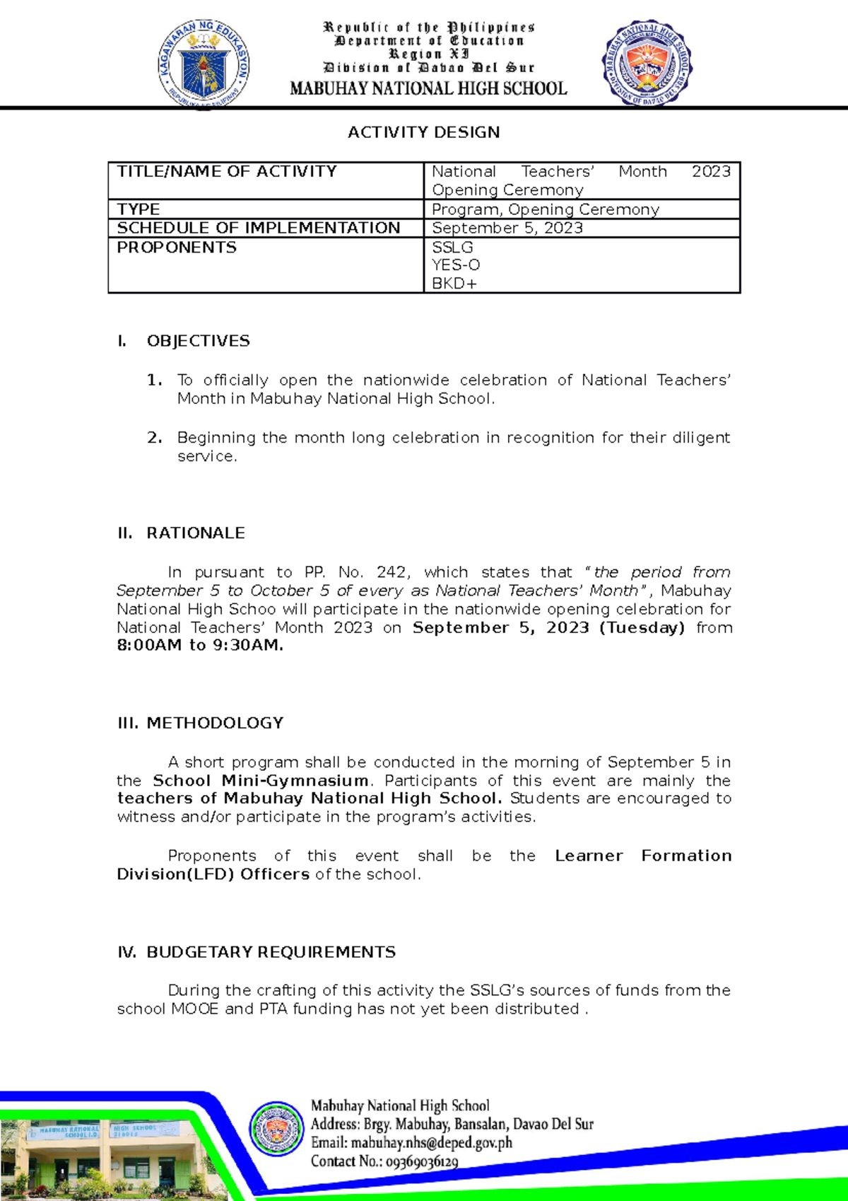 SSLG-Activity Design-National Teachers Month Opening Ceremony - ACTIVITY DESIGN TITLE/NAME OF ...