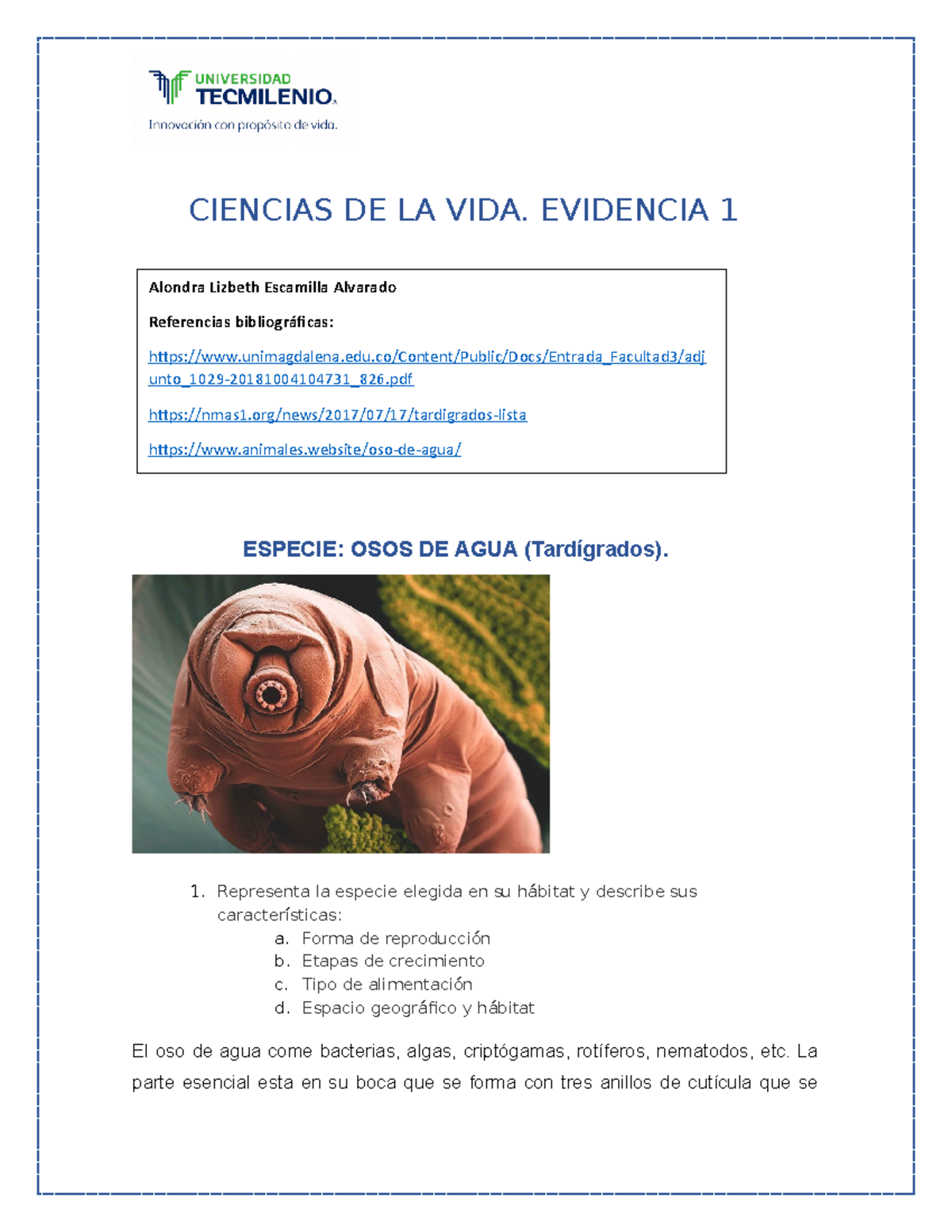 Ciencias de la Vida. Evidencia 1-1 - CIENCIAS DE LA VIDA. EVIDENCIA 1 ESPECIE: OSOS DE AGUA ...