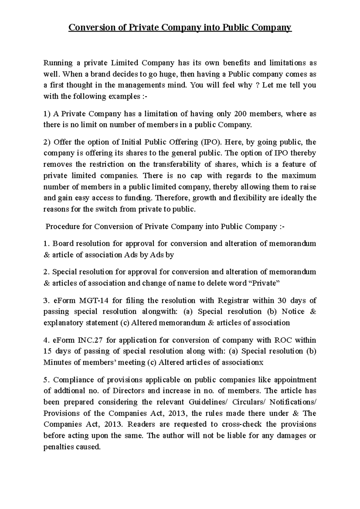 Conversion Of Private Company Into Public Company When A Brand Decides To Go Huge Then Having