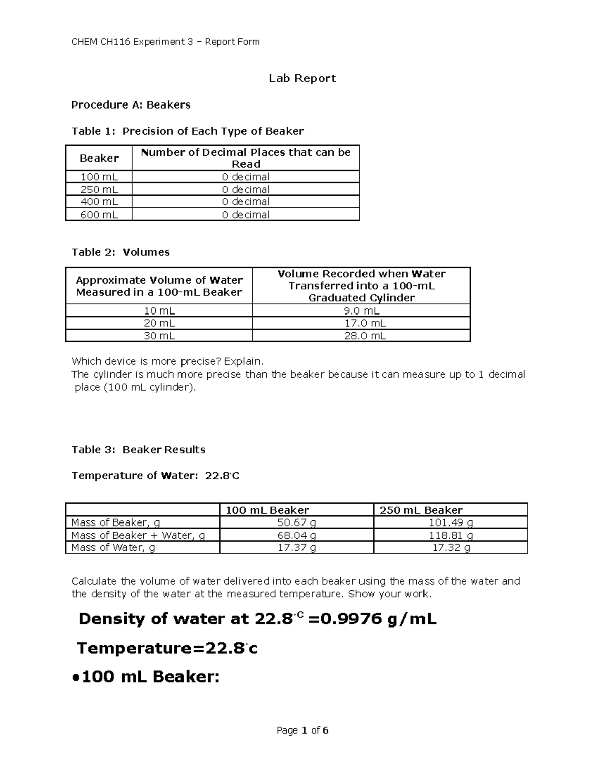 Experiment 3 - Chemistry Lab Report - Lab Report Procedure A: Beakers Table 1: Precision of Each ...