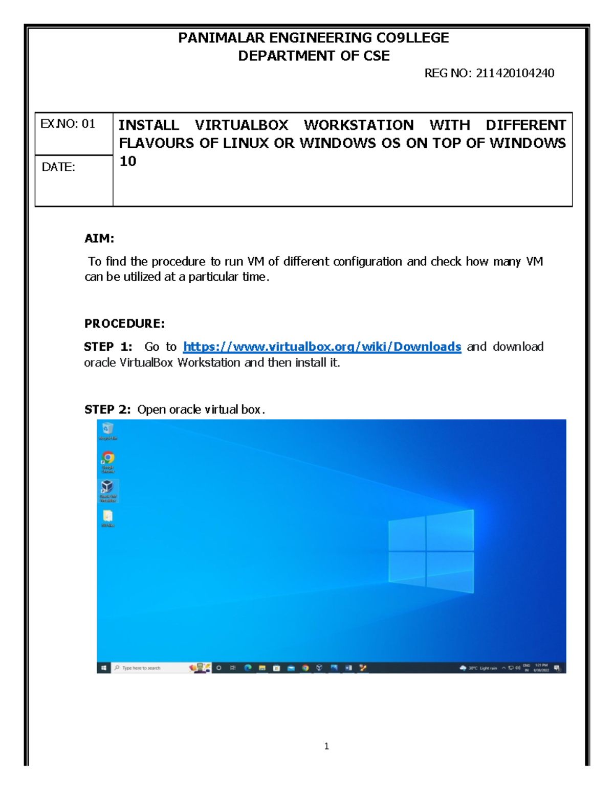 Cclab - DEPARTMENT OF CSE REG NO: 211420104 240 EX: 01 INSTALL VIRTUALBOX WORKSTATION WITH ...