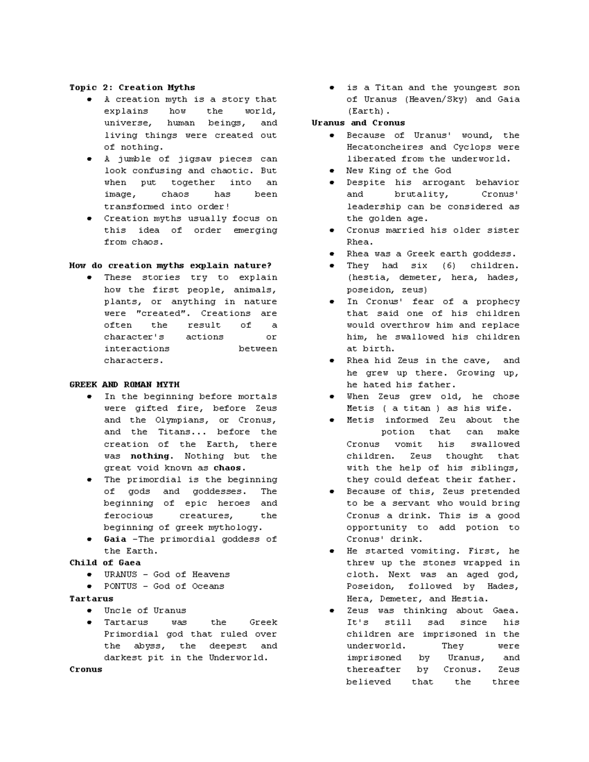 Topic 2 Creation Myths - Topic 2: Creation Myths A creation myth is a ...