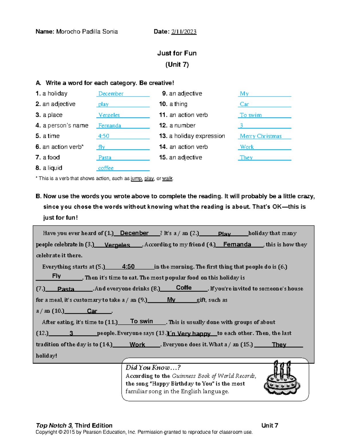 UNIT 07 Just for Fun - trabajos - Name: Morocho Padilla Sonia Date: 2 ...