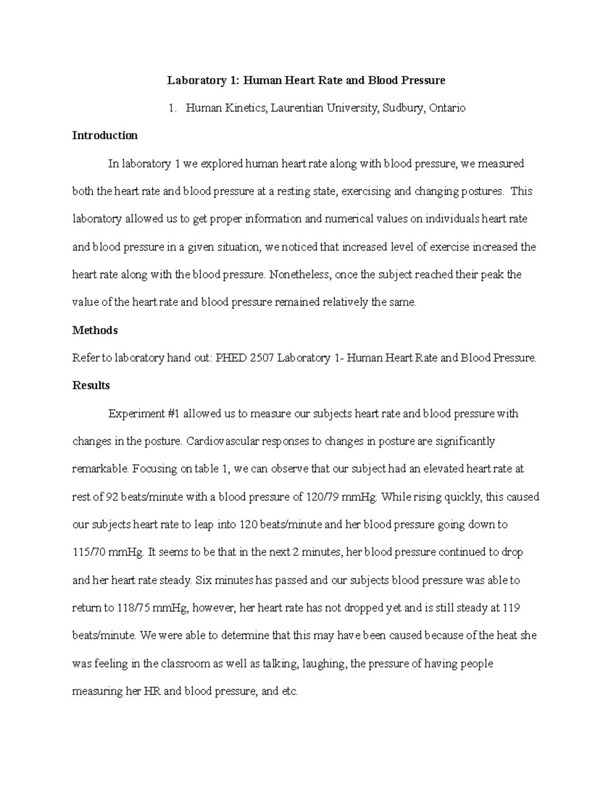 Laboratory 1 Human Heart Rate and Blood Pressure - Laboratory 1: Human ...