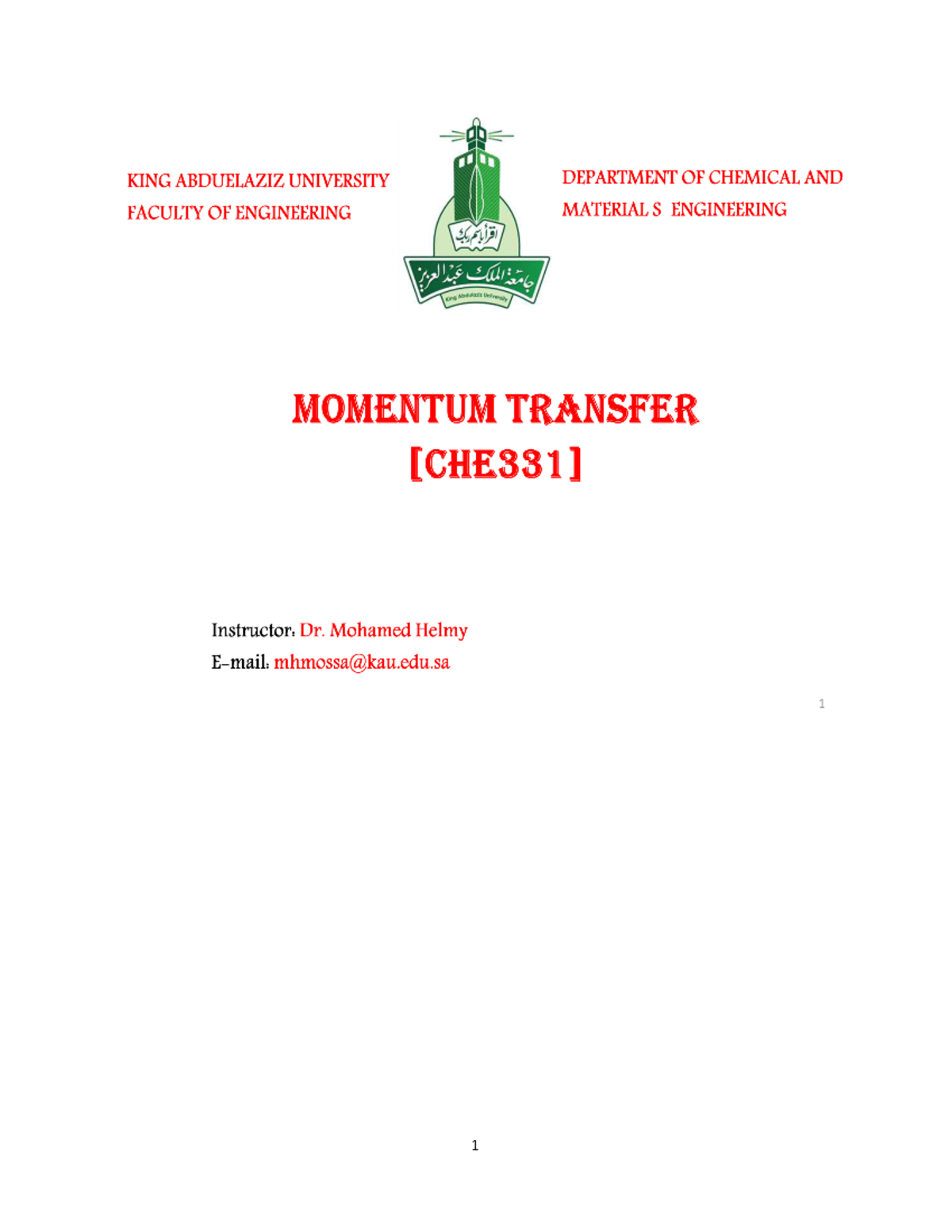 Momentum transfer Ch E 331 - Course materials (References) Textbook ...