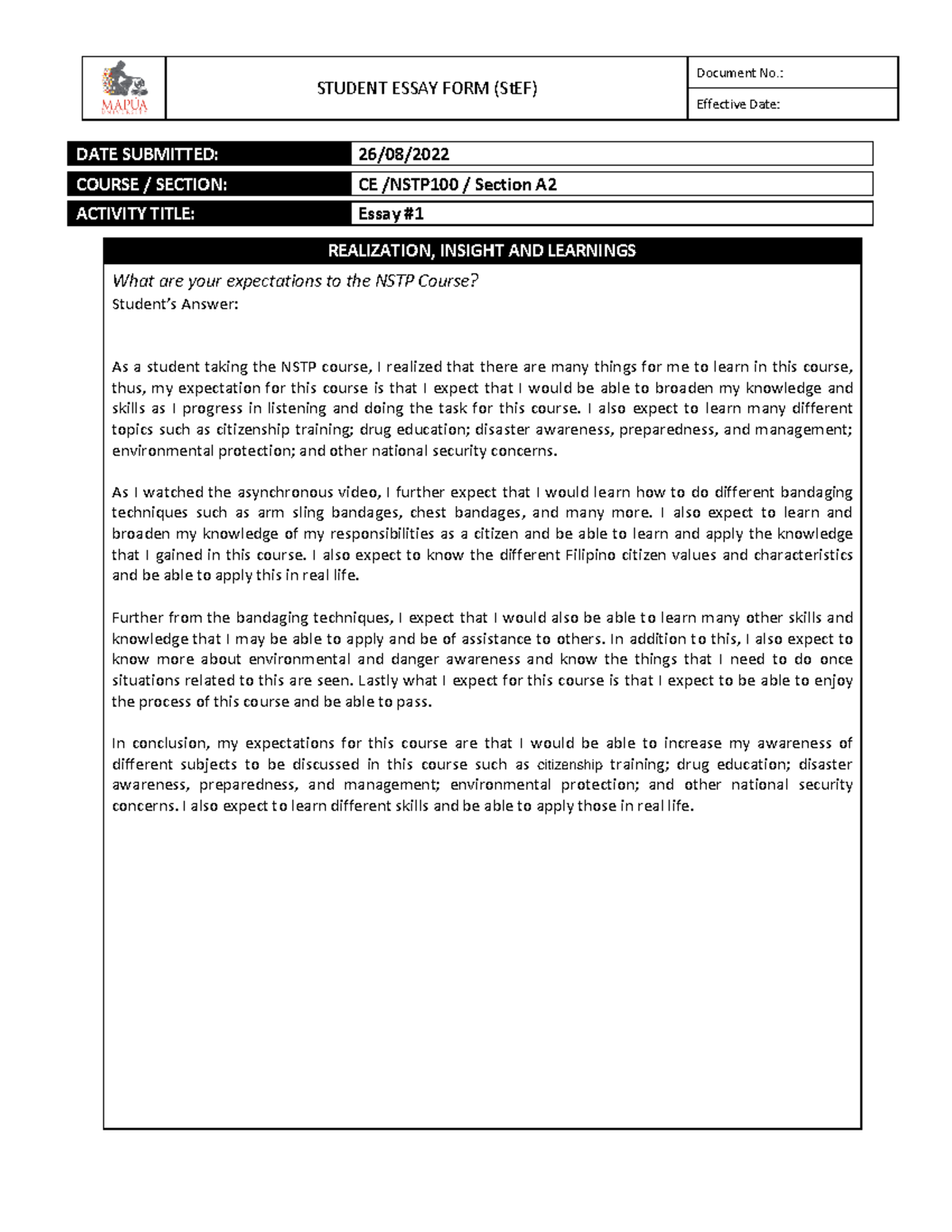 Calinga JS-NSTP1 00-A2-E1 - STUDENT ESSAY FORM (StEF) Document No ...