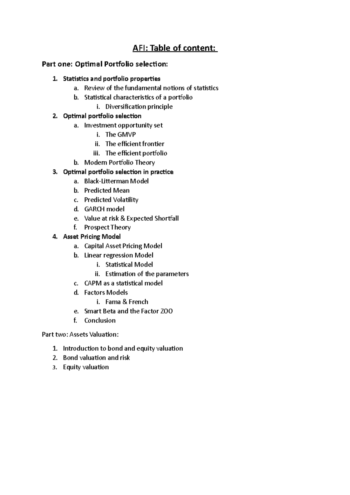 AFI - notes - AFI: Table of content: Part one: Optimal Portfolio ...