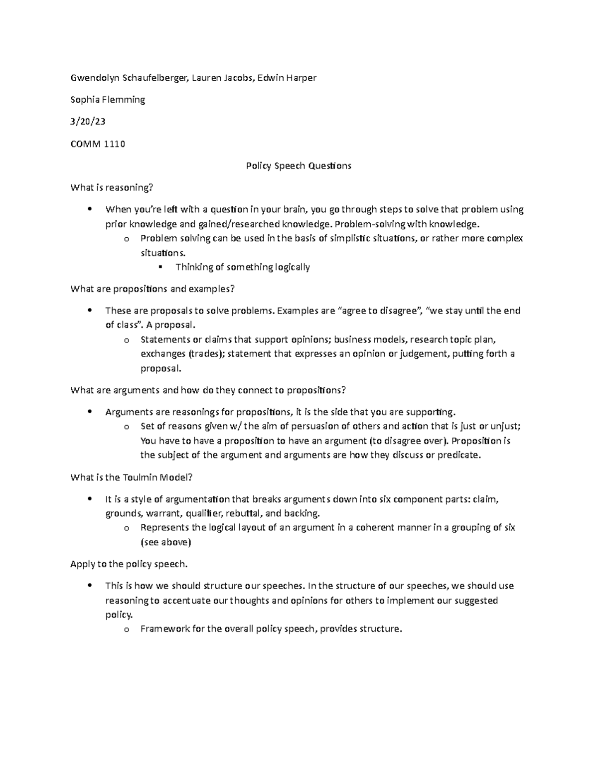 Policy Speech Toulmin Model Questions - Gwendolyn Schaufelberger ...
