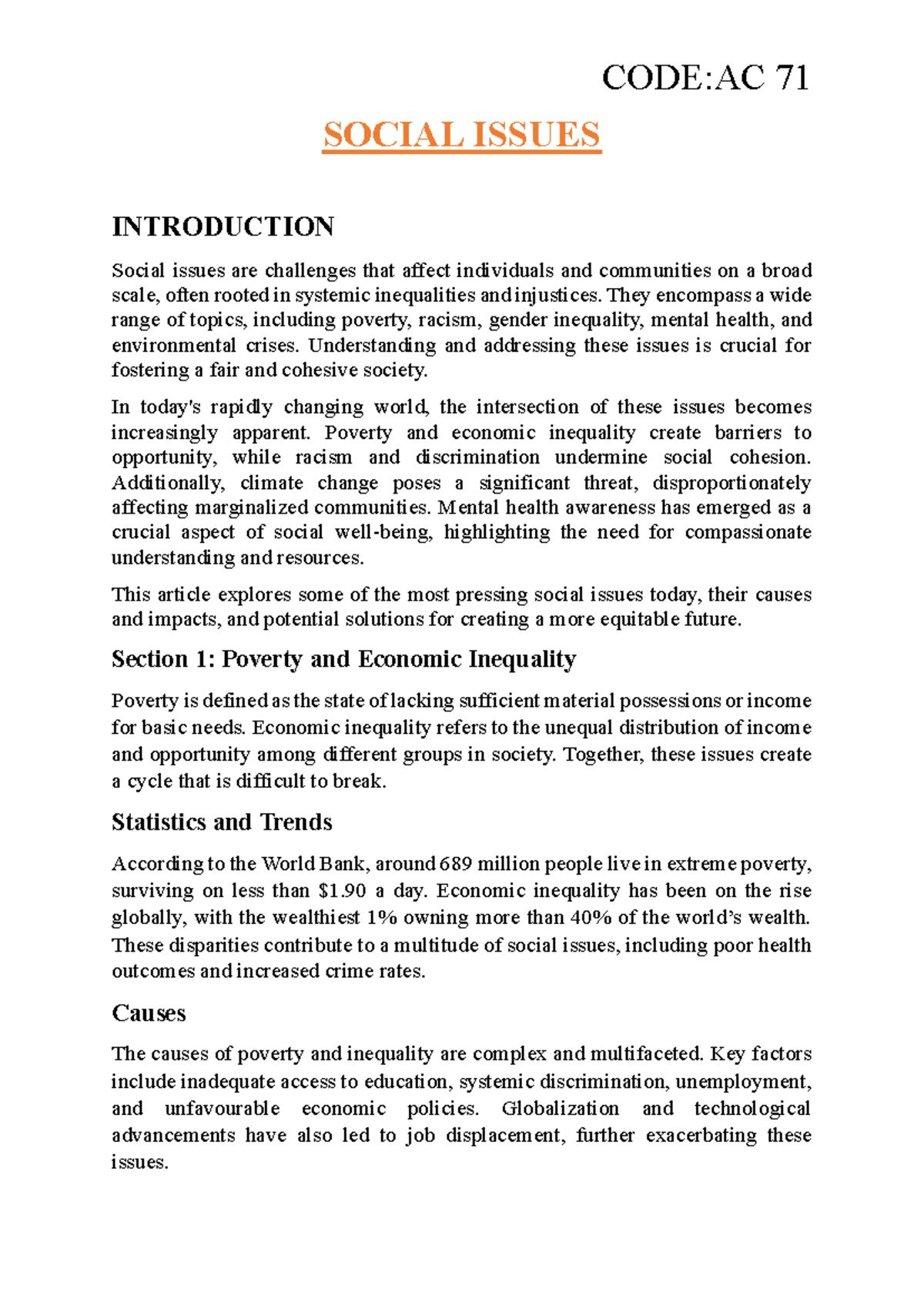Social Issues-1 - Good article - SOCIAL ISSUES INTRODUCTION Social ...
