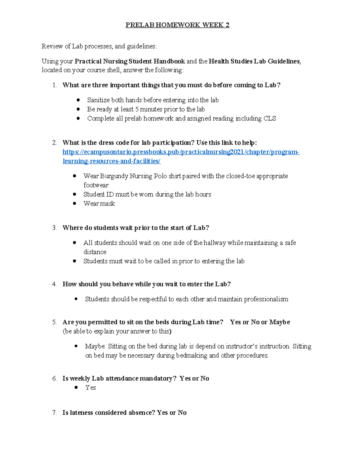 Prelab Week 2 Prelab Homework - Review of Lab processes, and guidelines: Using your Practical ...