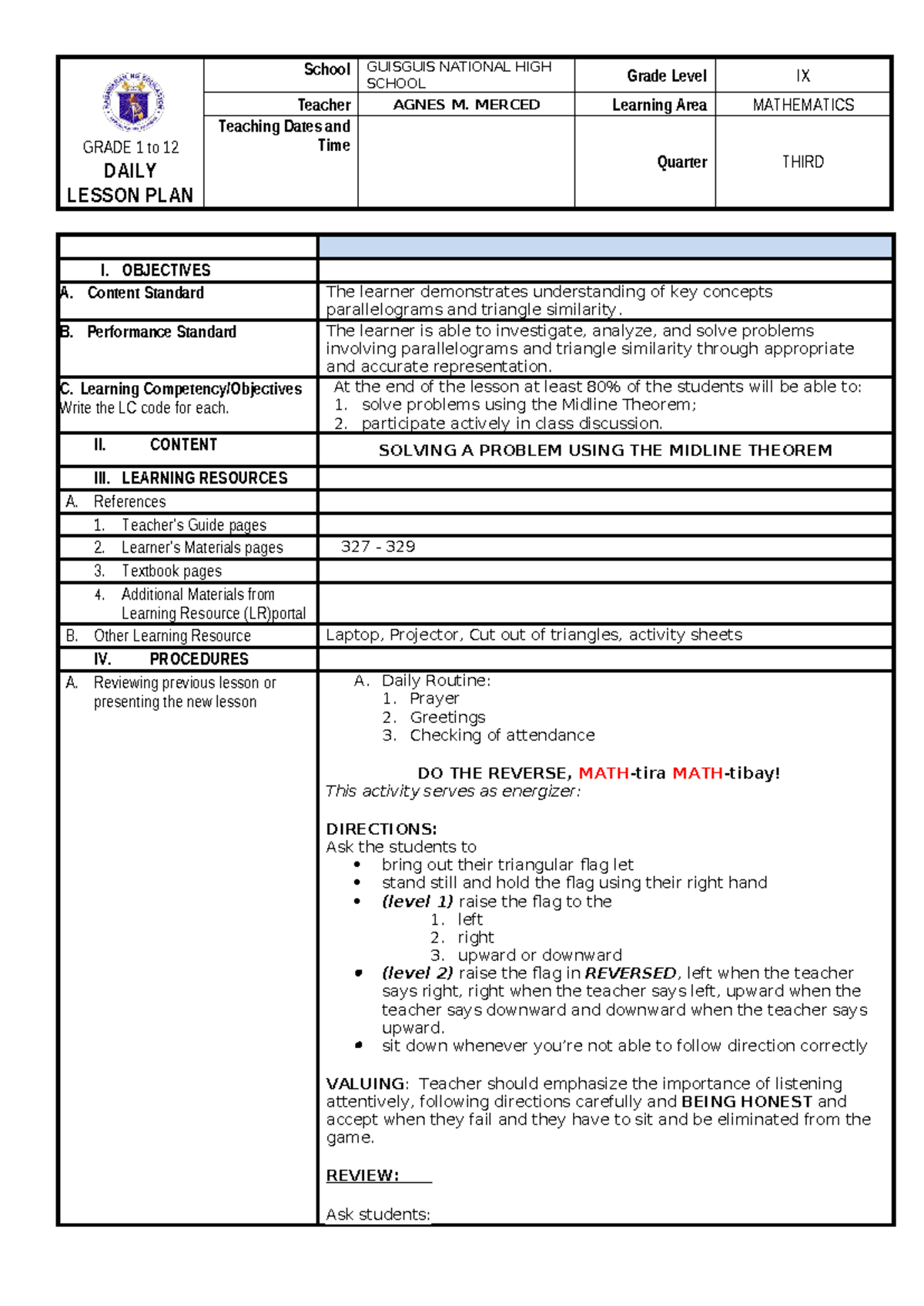 COT 2 - midline theorem feb 2023 - GRADE 1 to 12 DAILY LESSON PLAN ...