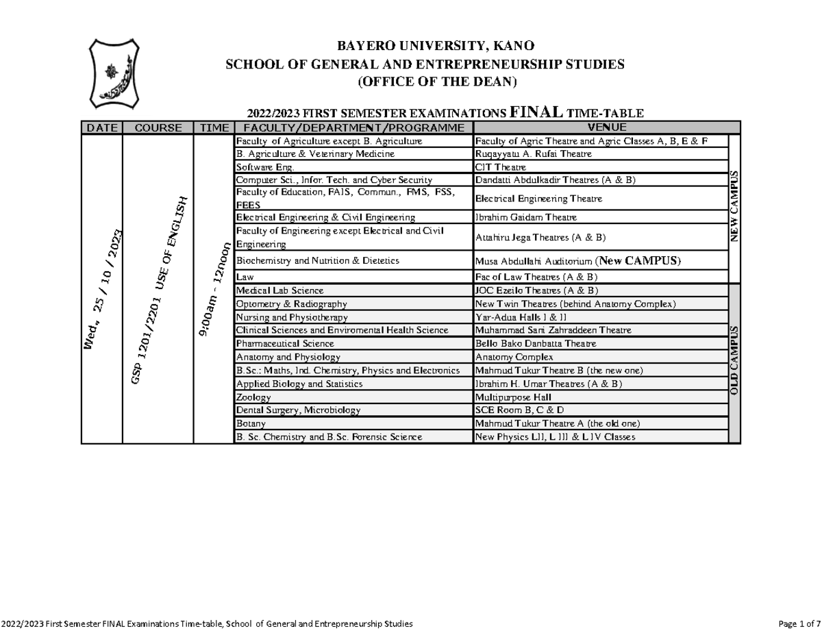 GSP EEP Final 1ST SEM Exams Timetable FOR Pasting 22 23 - DATE COURSE ...