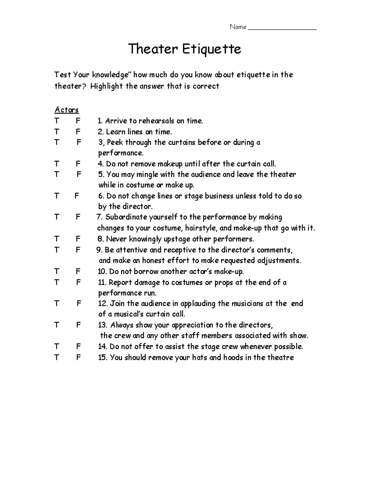 Theatre Etiquette - this - Name __________________ Theater Etiquette ...